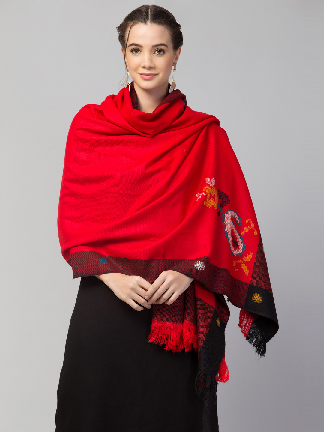 Buy Tweedle Women Red Woven Design Woolen Handloom Shawl - Shawl for ...
