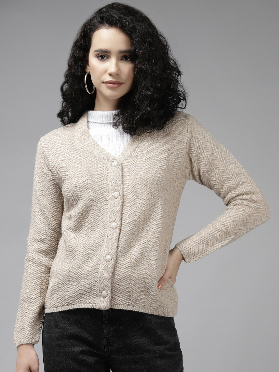Buy Cayman Women Beige Chevron Knitted Wool Cardigan - Sweaters for ...
