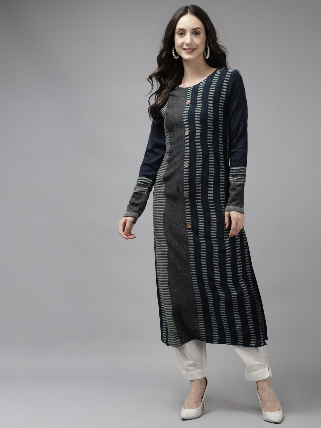 Buy Cayman Women Navy Blue Knitted Woollen Striped Winter Kurta ...
