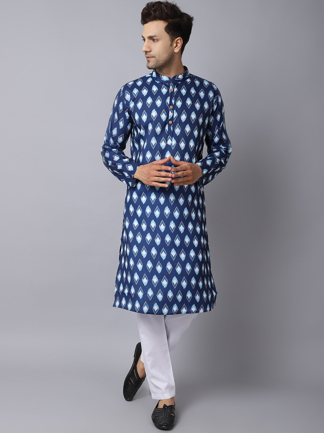 Buy ORUS Men Blue Printed Pure Cotton Kurta With Pyjamas - Kurta Sets ...