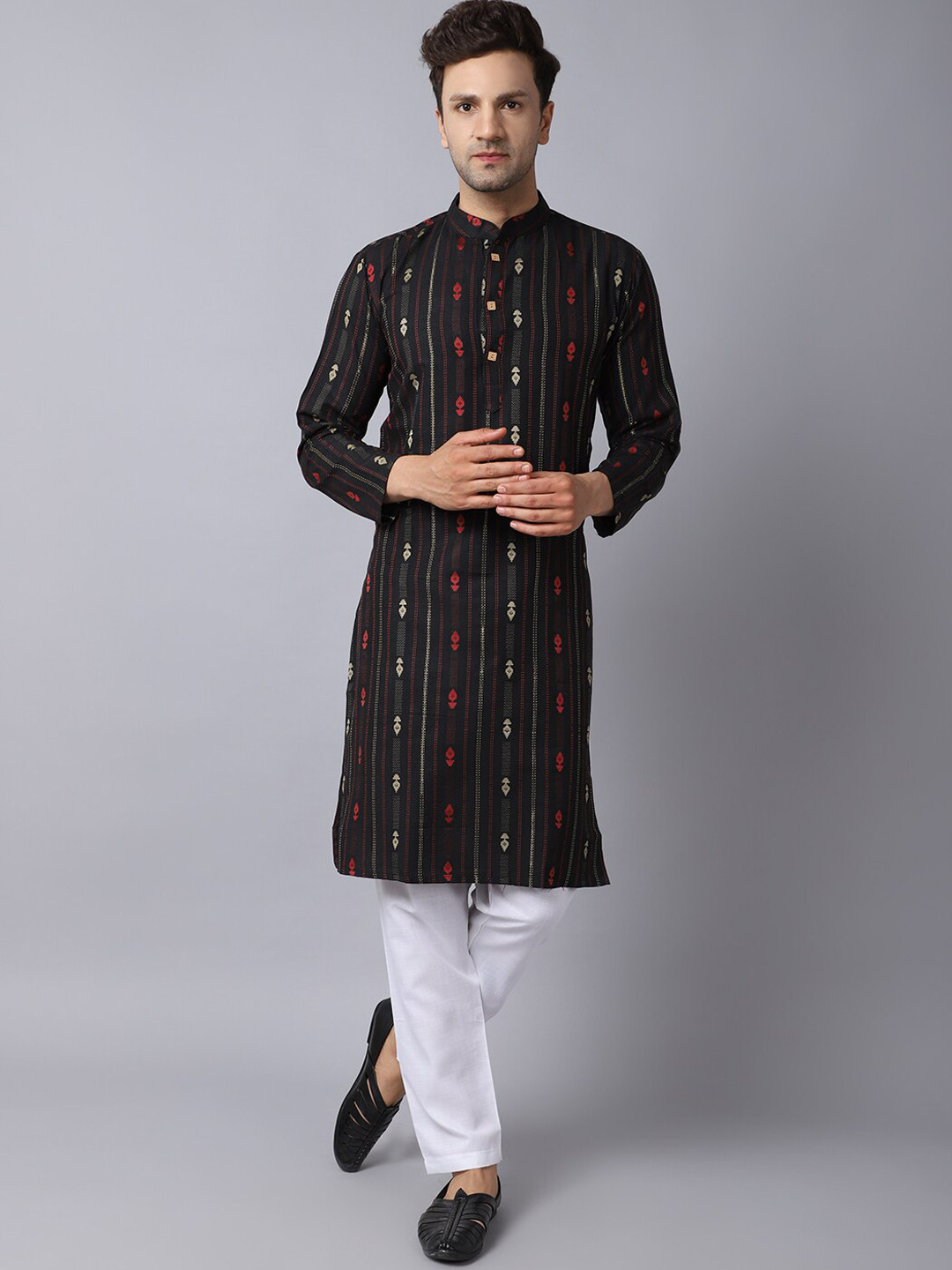 Buy ORUS Men Black Ethnic Motifs Printed Pure Cotton Kurta With Pyjamas ...