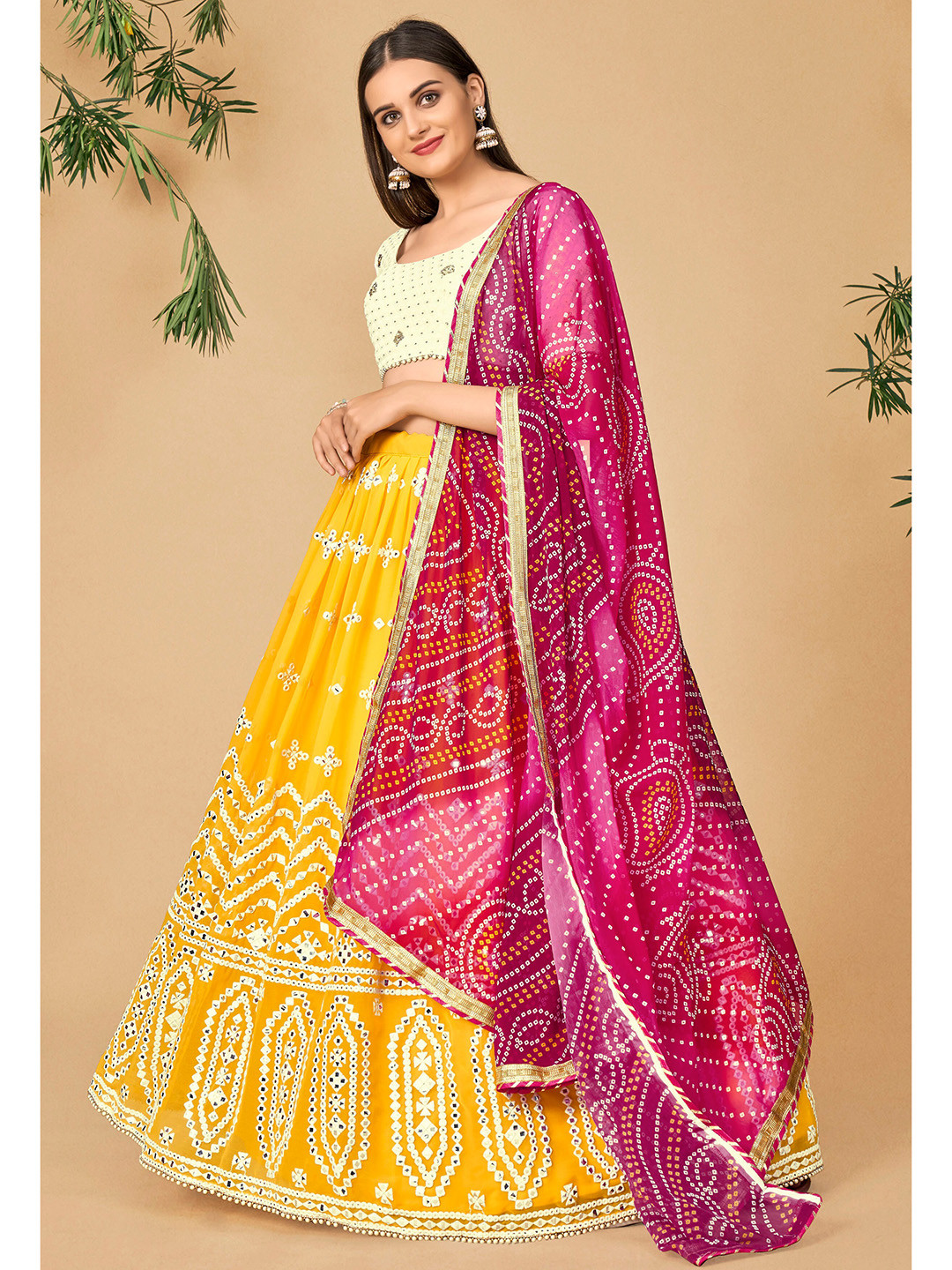 Buy DRESSTIVE Yellow & Pink Embroidered Thread Work Semi Stitched ...