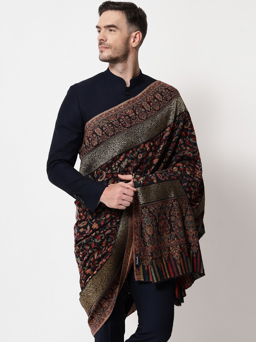 Buy Pashtush Men Black & Red Woven Design Ethnic Motif Printed Shawl ...