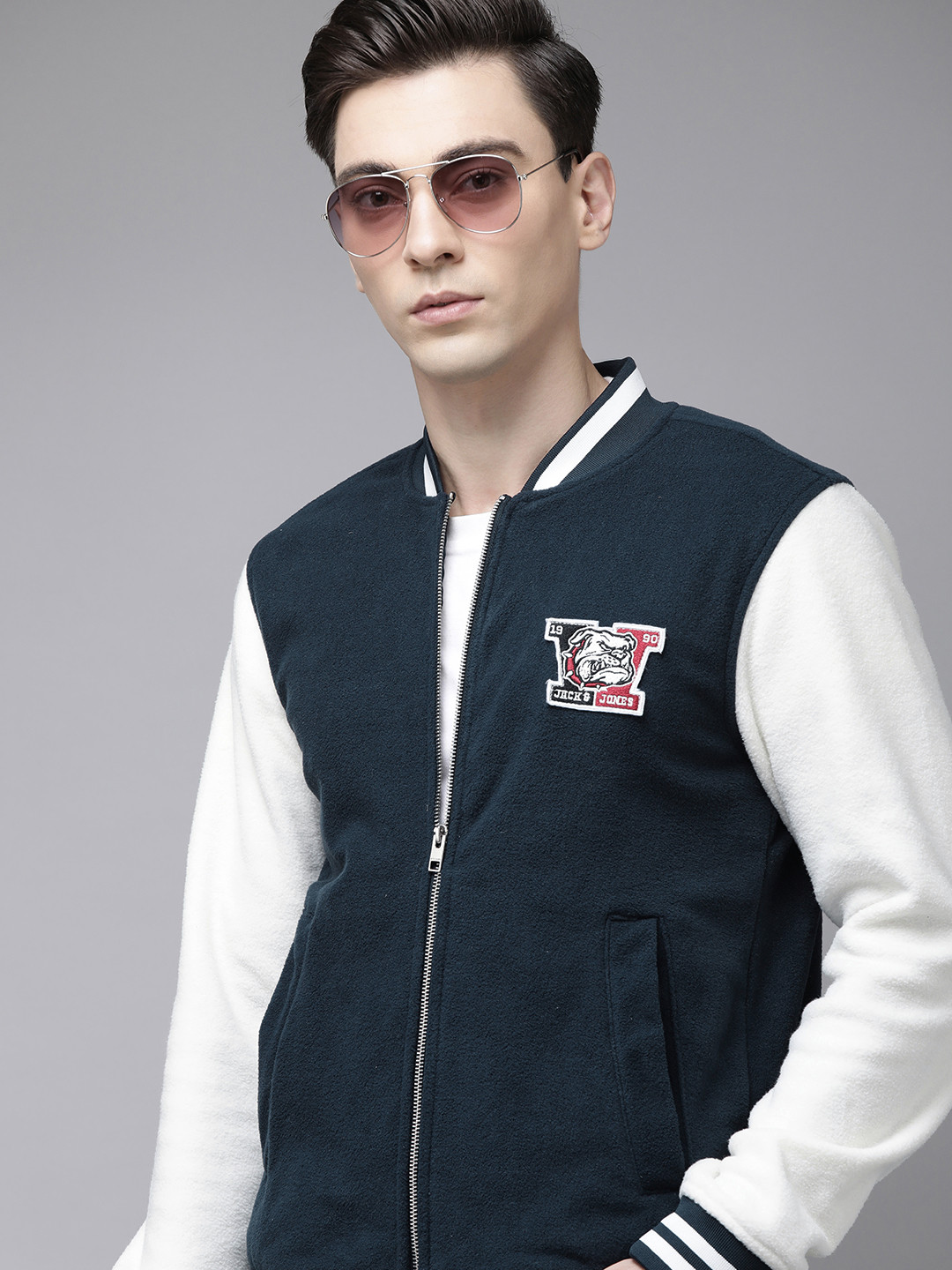 Buy Jack & Jones Men Colourblocked Stand Collar Varsity Jacket With ...