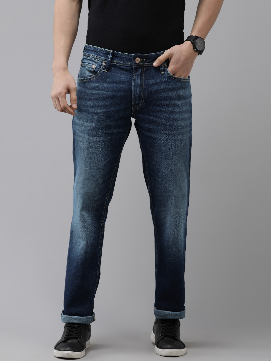 Buy Jack & Jones Men Blue Clark Low Rise Light Fade Stretchable Jeans ...