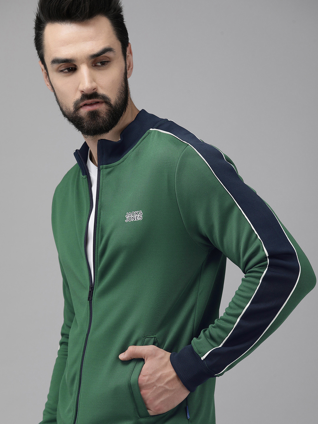 Buy Jack & Jones Men Green Solid Bomber Jacket With Striped Detailing ...