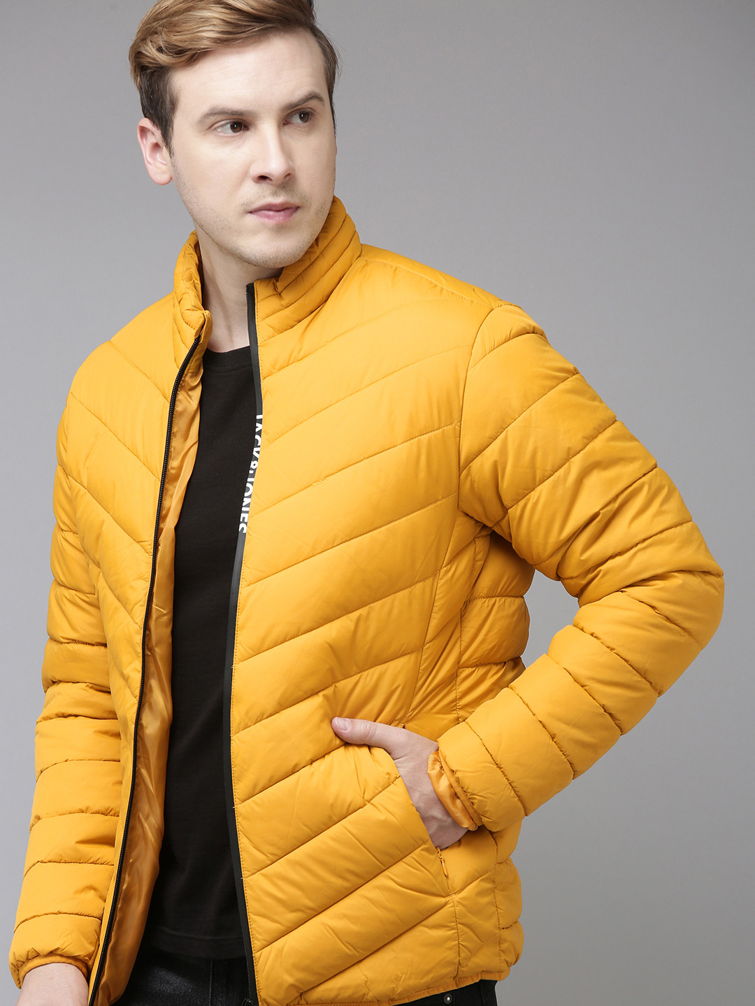 Buy Jack & Jones Men Mustard Yellow Solid Padded Jacket - Jackets for ...