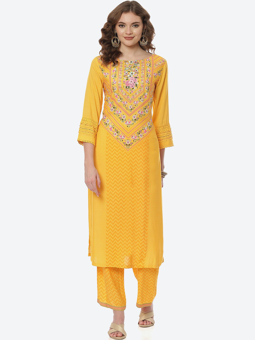 Buy Rangriti Women Yellow Floral Print Kurti With Palazzos - Kurta Sets ...