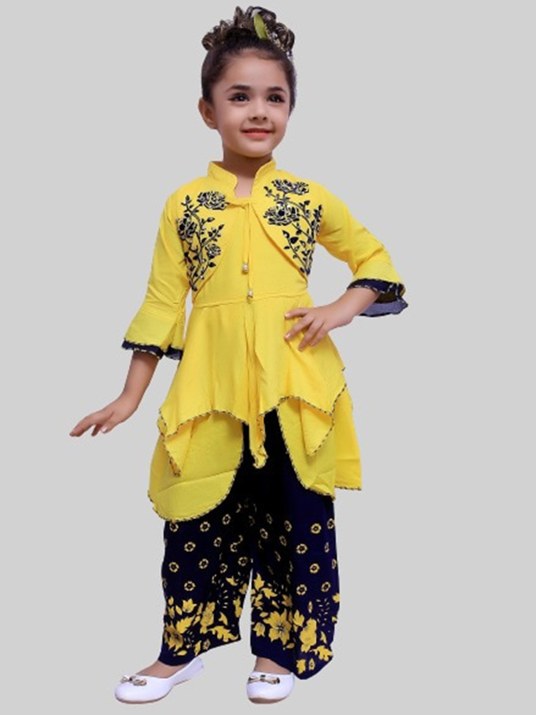 Buy Elendra Jeans Girls Yellow Printed Empire Kurti With Palazzos ...