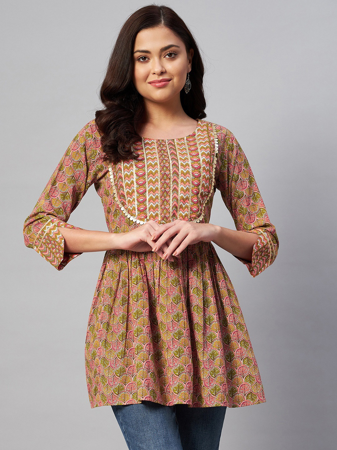 Buy SERONA FABRICS Mustard Yellow & Pink Printed Cotton Tunic - Tunics ...