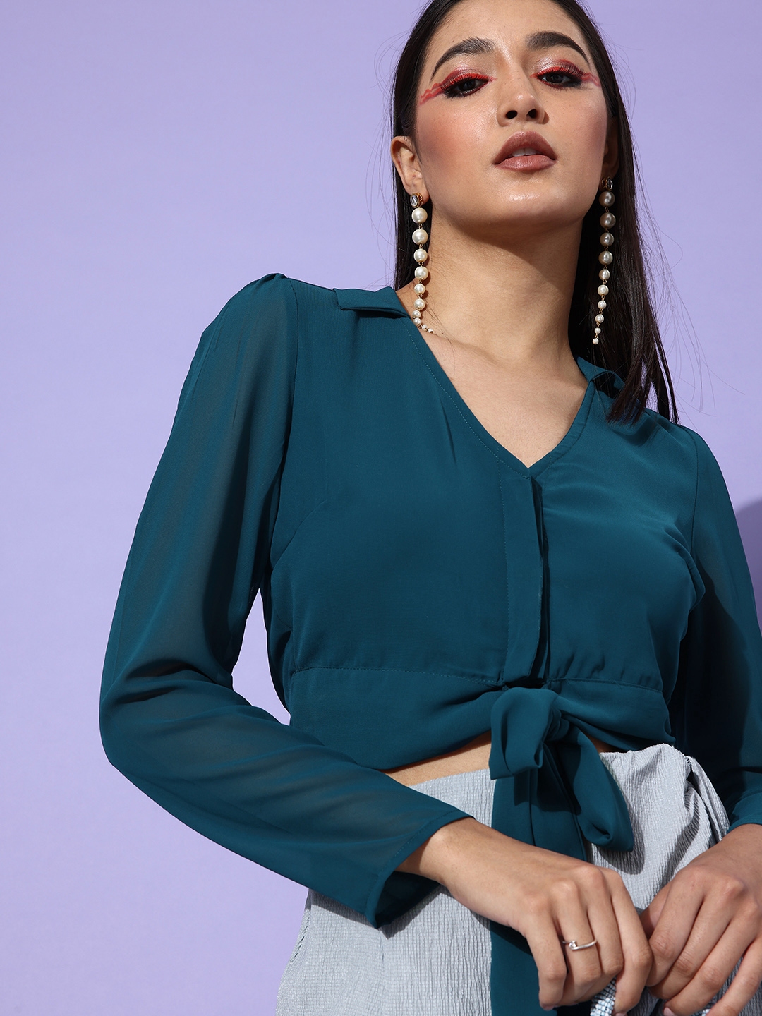 Buy Dressberry Women Teal Green Shirt Style Crop Top Tops For Women