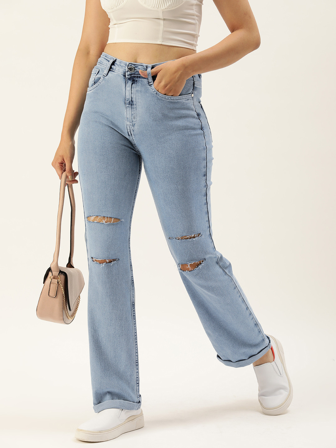 Buy FOREVER 21 Women Mid Rise Boyfriend Fit Ankle Length Ripped Jeans ...