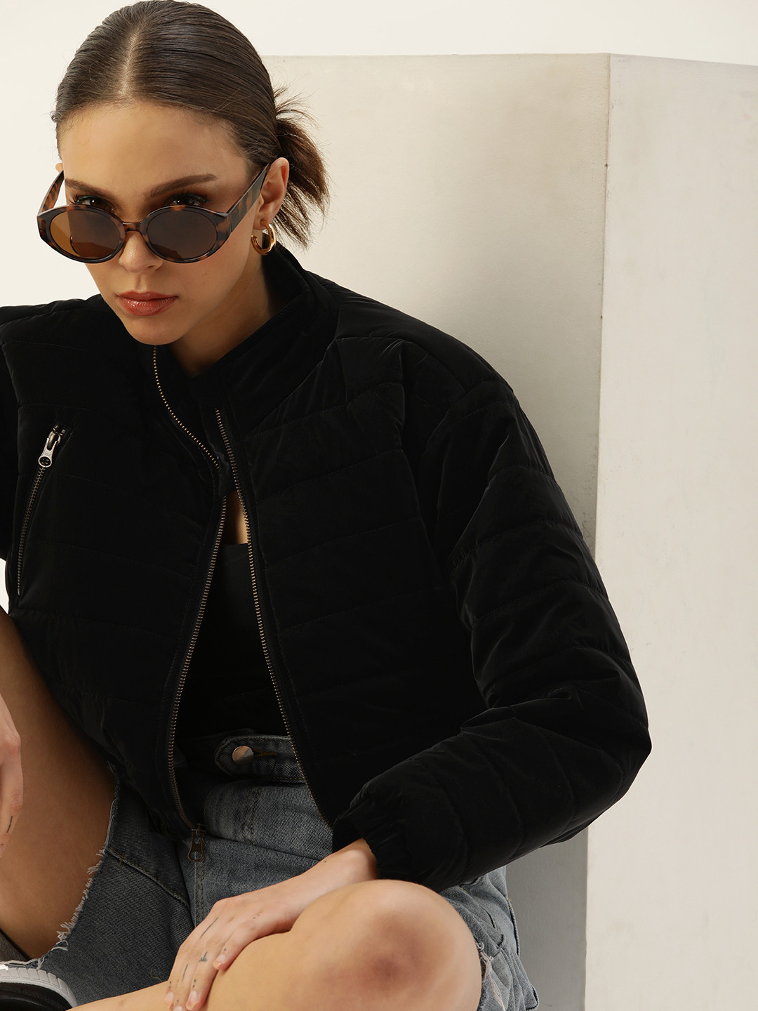 Buy FOREVER 21 Women Black Solid Mock Collar Crop Puffer Jacket ...