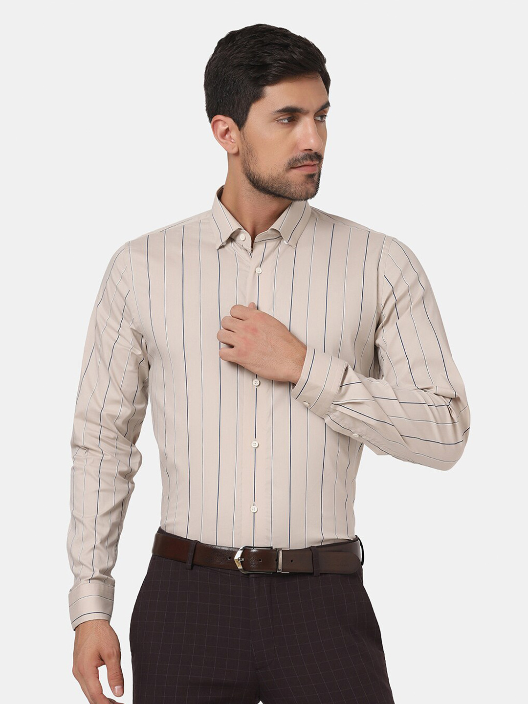Buy Blackberrys TechPro Collection Men Beige Slim Fit Striped Casual ...