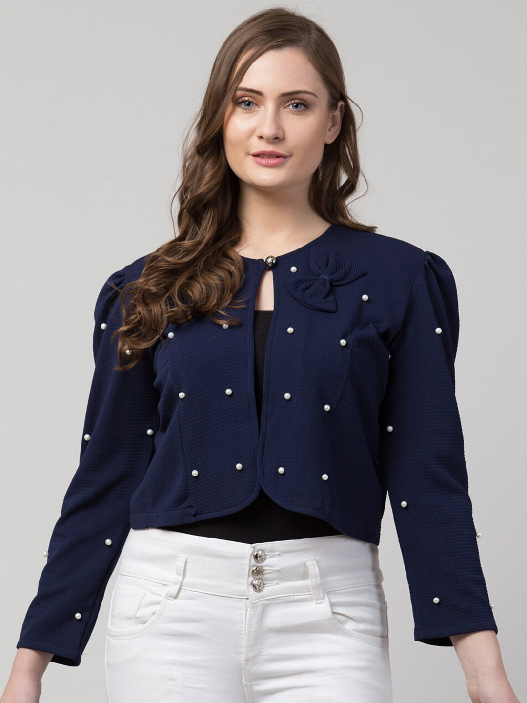 Buy IUGA Women Blue & White Embellished Crop Button Shrug - Shrug for ...
