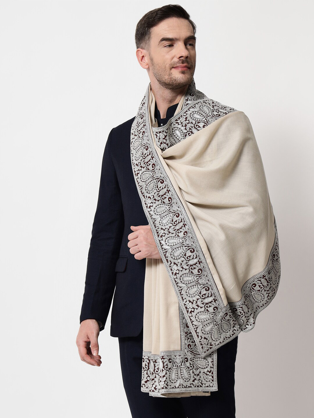 Buy Pashtush Men Taupe & Off White Woven Design Stole - Stoles for Men ...
