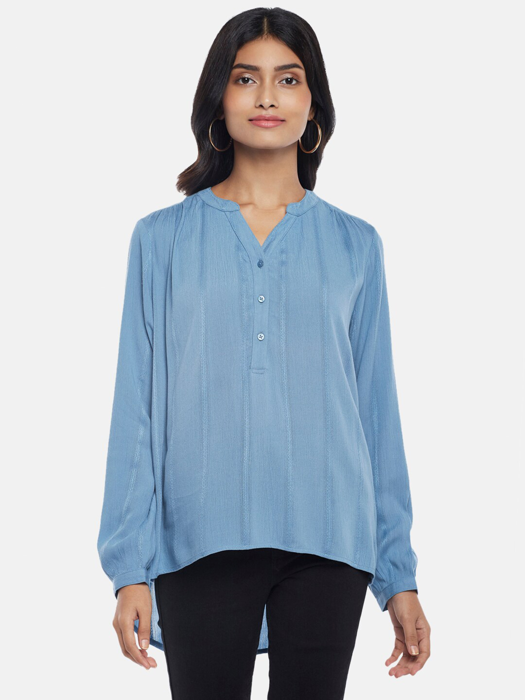 Buy Honey By Pantaloons Women Blue Solid Mandarin Collar Tunic - Tunics ...