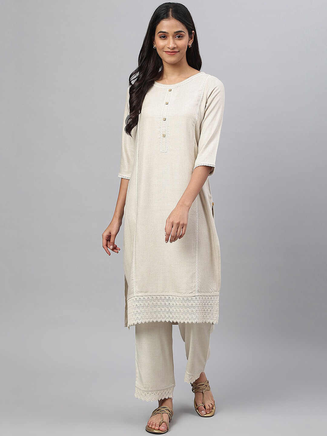 Buy AURELIA Women Beige Kurta With Trousers - Kurta Sets for Women ...