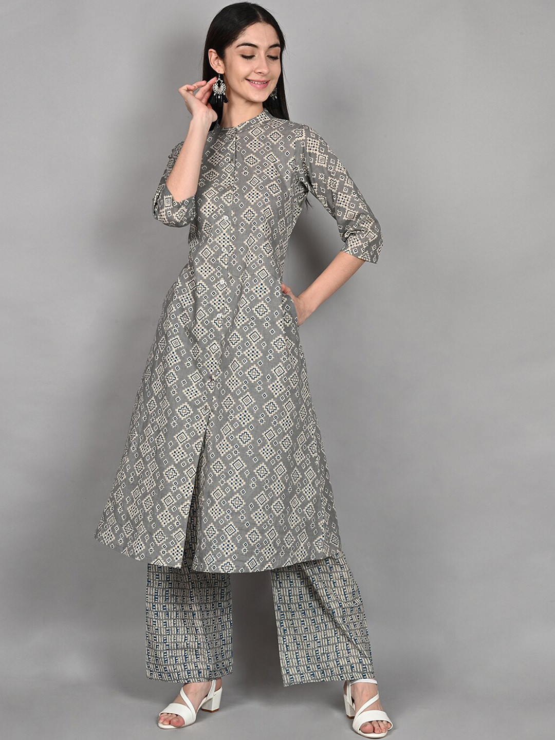 Buy Wyfees Women Grey Ethnic Motifs Printed Pleated Pure Cotton Kurti ...