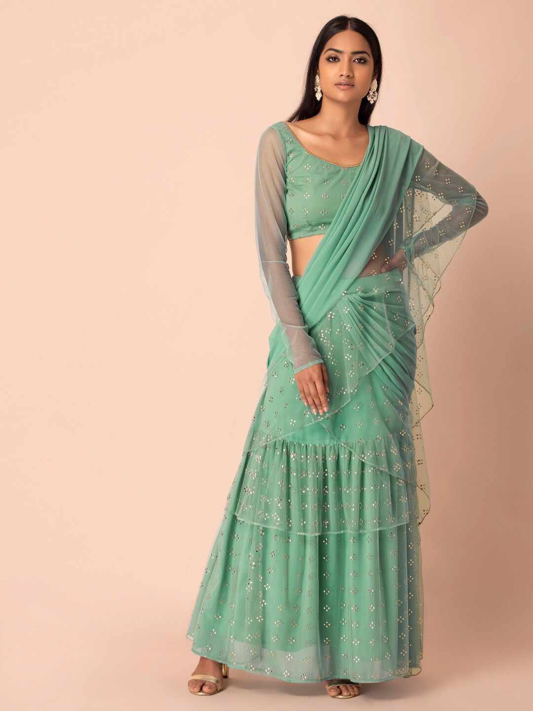 Buy INDYA Green & Gold Toned Embellished Ruffled Pre Draped Saree ...