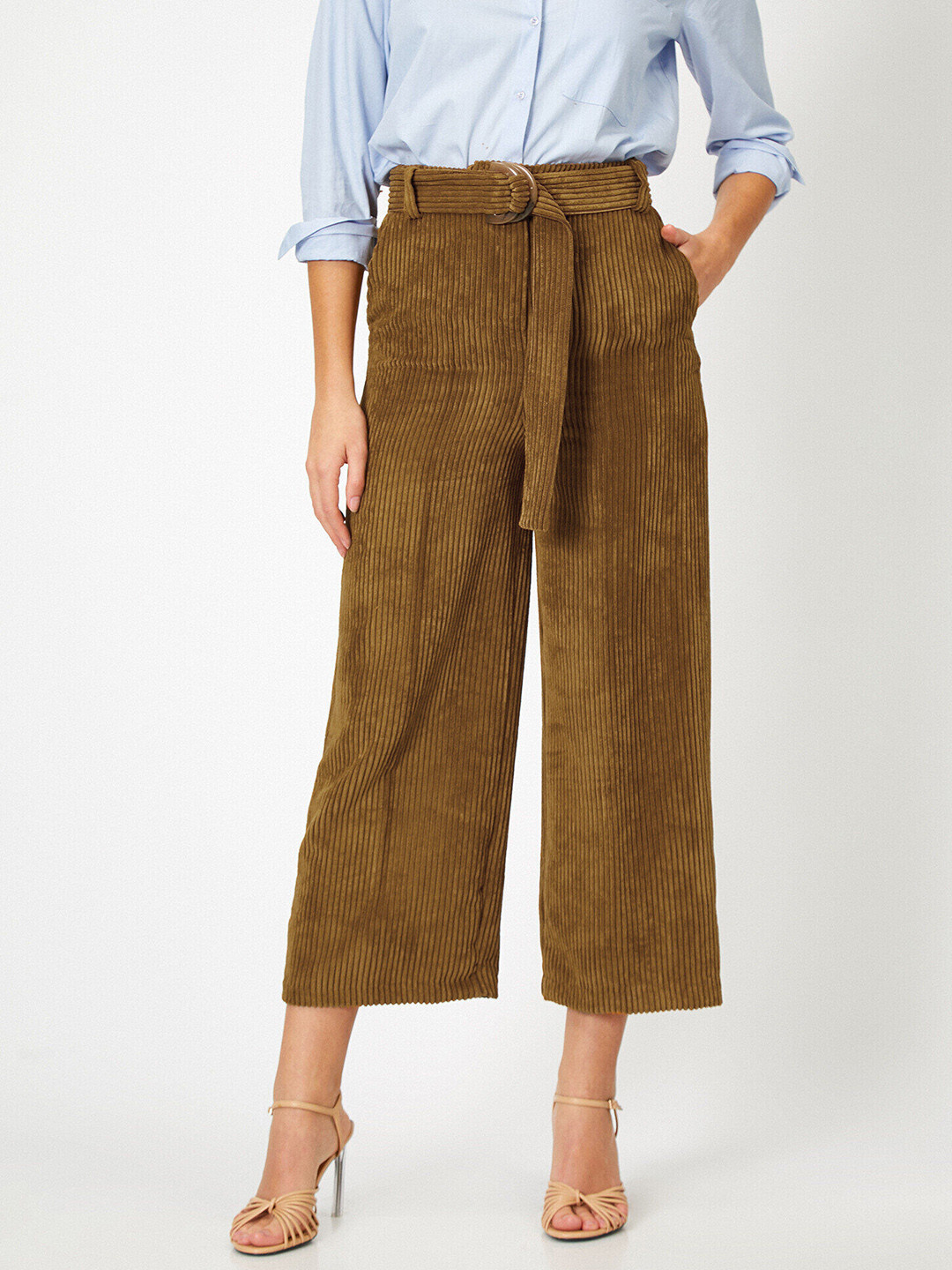 Buy Koton Women Brown High Rise Corduroy Cropped Parallel Trousers ...