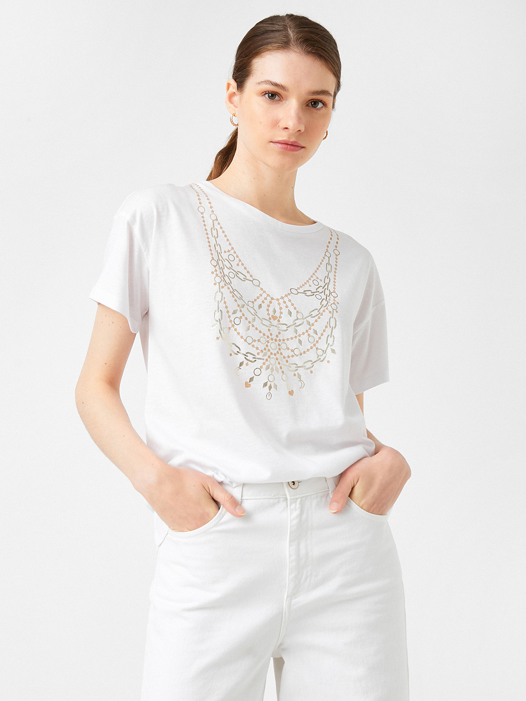 Buy Koton Women White & Golden Printed Drop Shoulder T Shirt - Tshirts ...