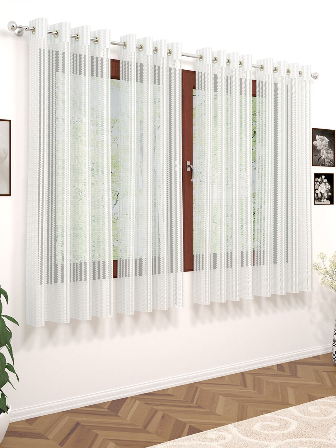 Buy Story@home White Set Of 4 Striped Sheer Window Curtain - Curtains ...
