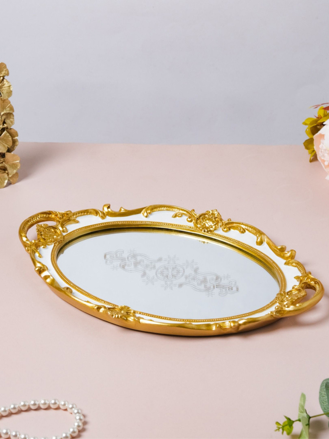 Buy Nestasia White & Gold Coloured Solid Decorative Glass Tray - Trays ...