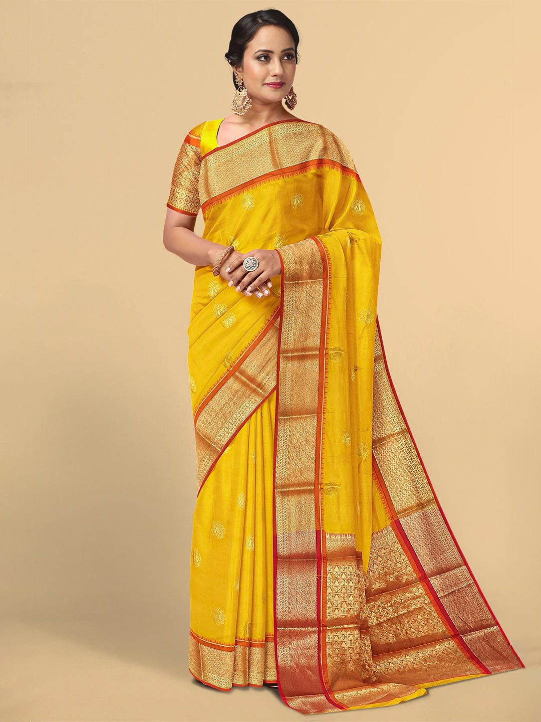 Buy Kalamandir Yellow & Red Ethnic Motifs Zari Saree - Sarees for Women ...