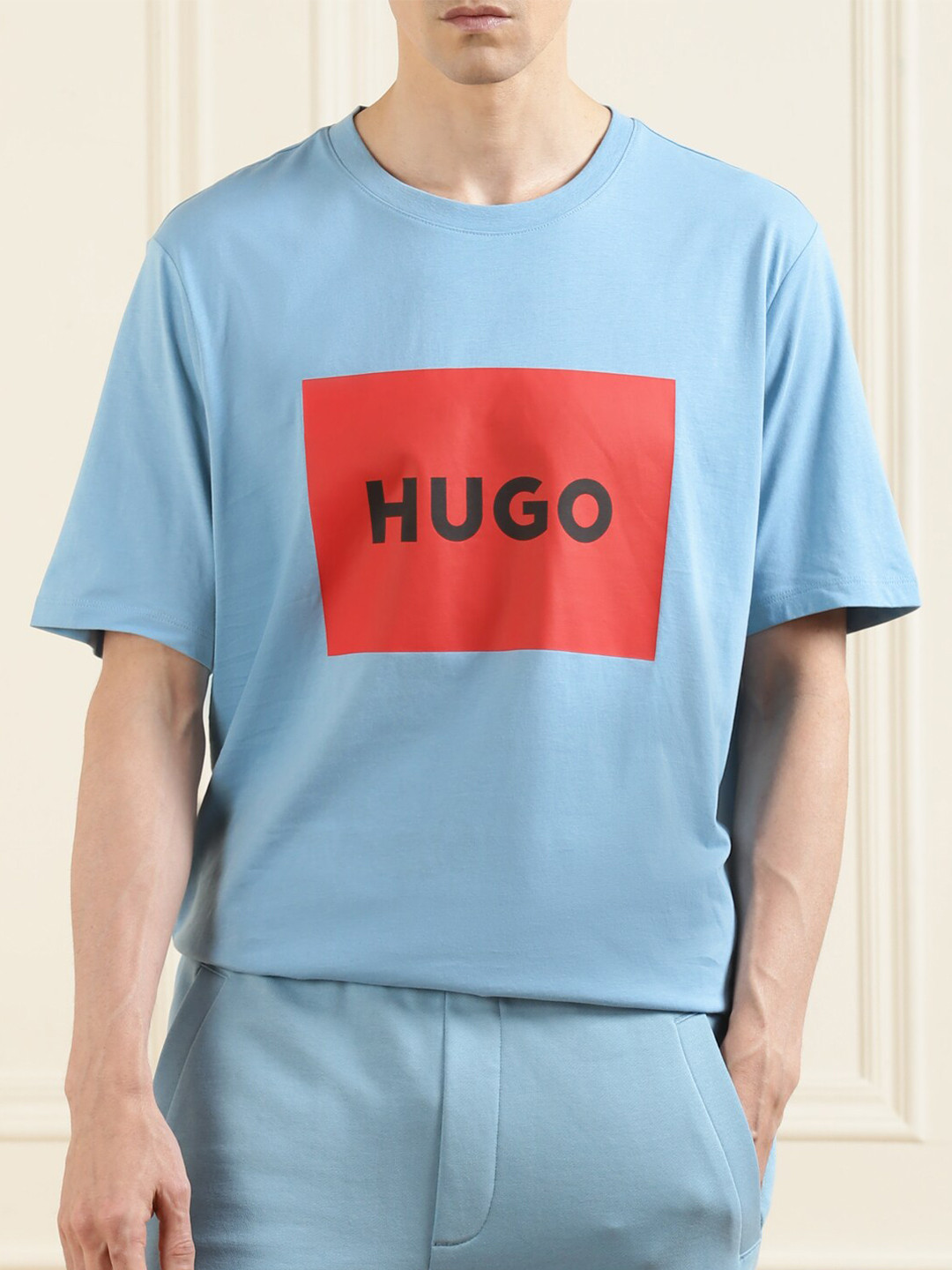 Buy HUGO Men Blue & Red Big Box Branding Printed Pure Cotton T Shirt ...