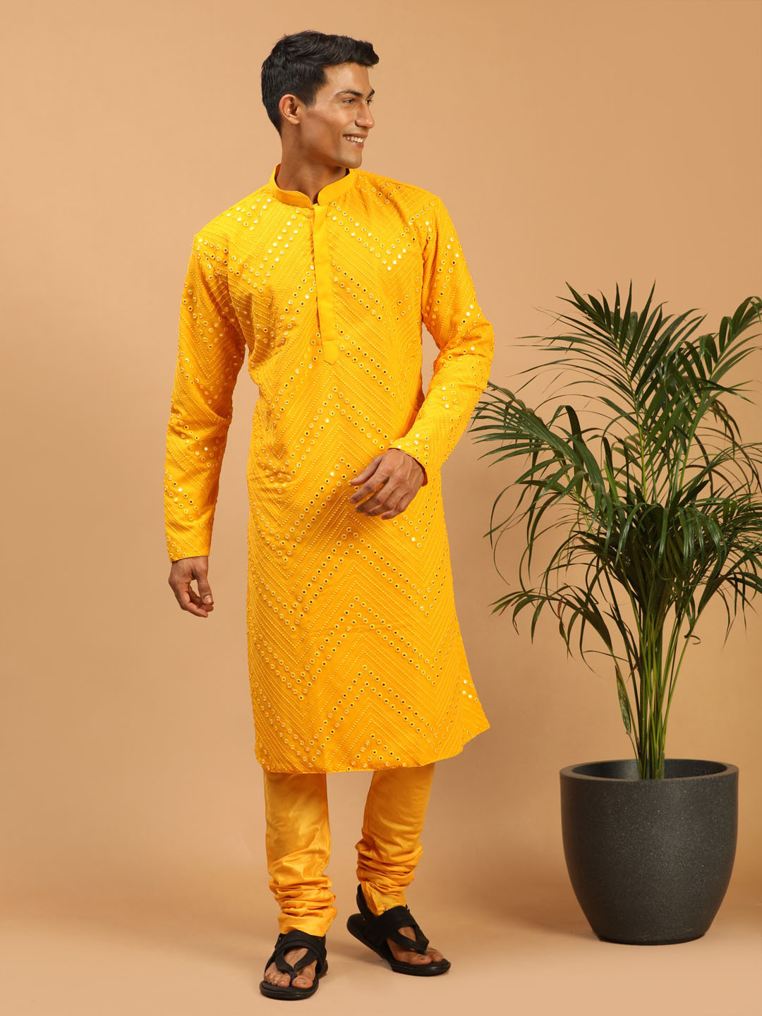 Buy VASTRAMAY Men Yellow Embroidered Mirror Work Kurta With Churidar ...