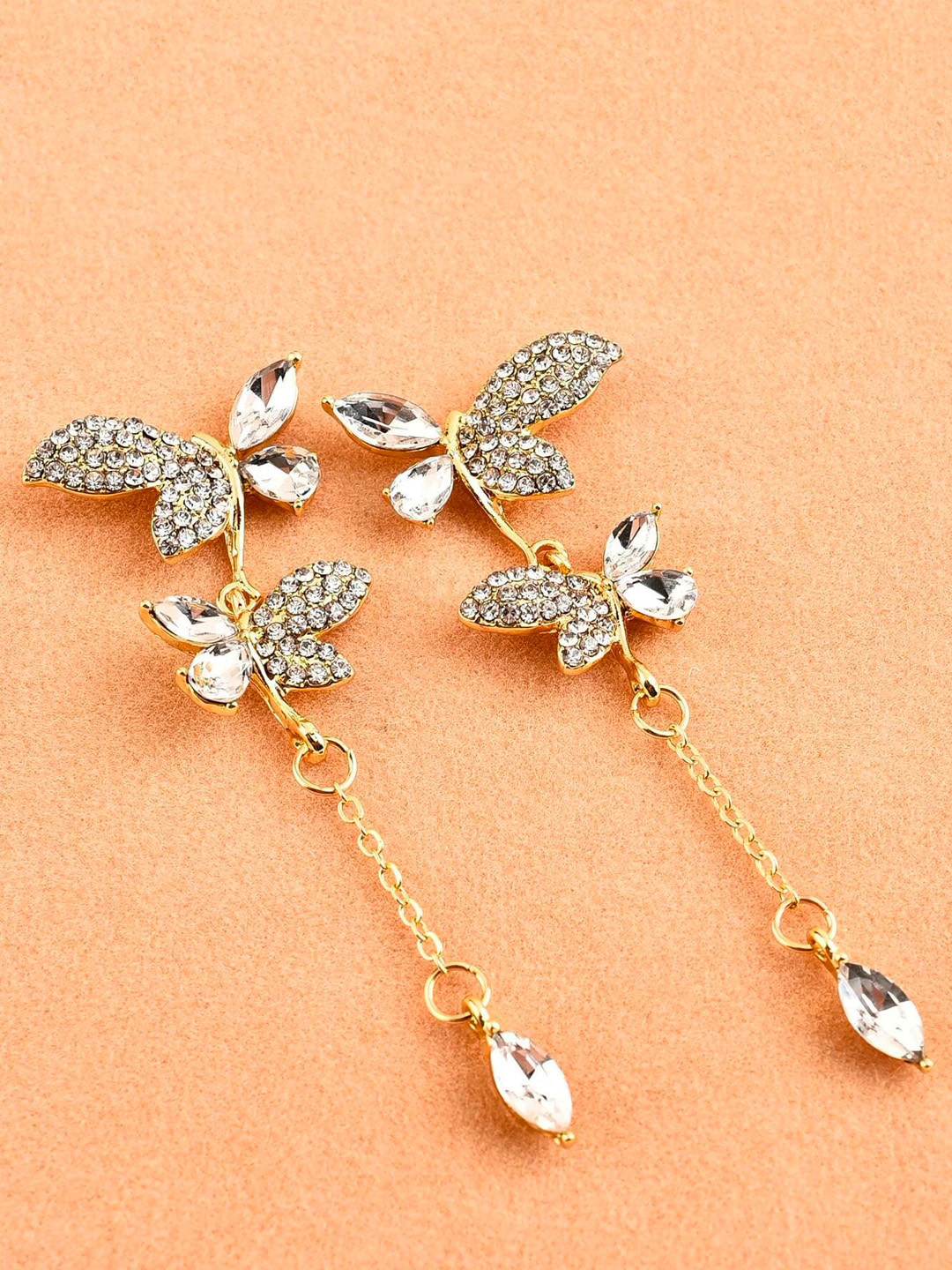 Buy Yellow Chimes Women Gold Toned Sparkling Crystal Double Butterfly Drop Dangle Earrings ...