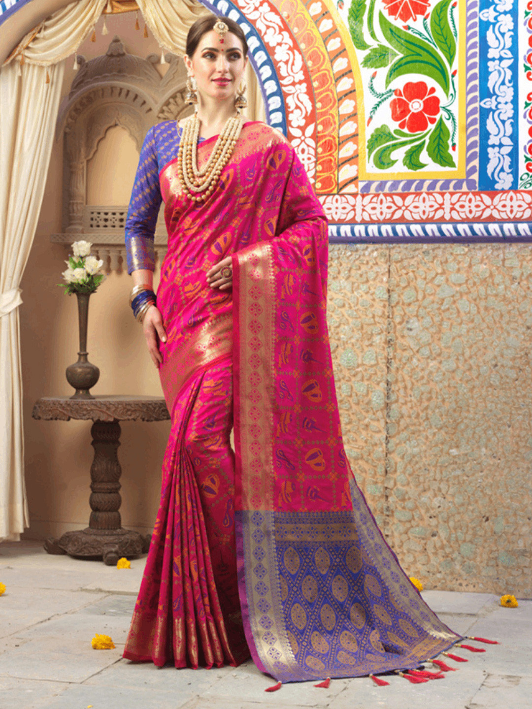 Buy Ethnic Junction Pink & Blue Woven Design Silk Blend Banarasi Saree ...