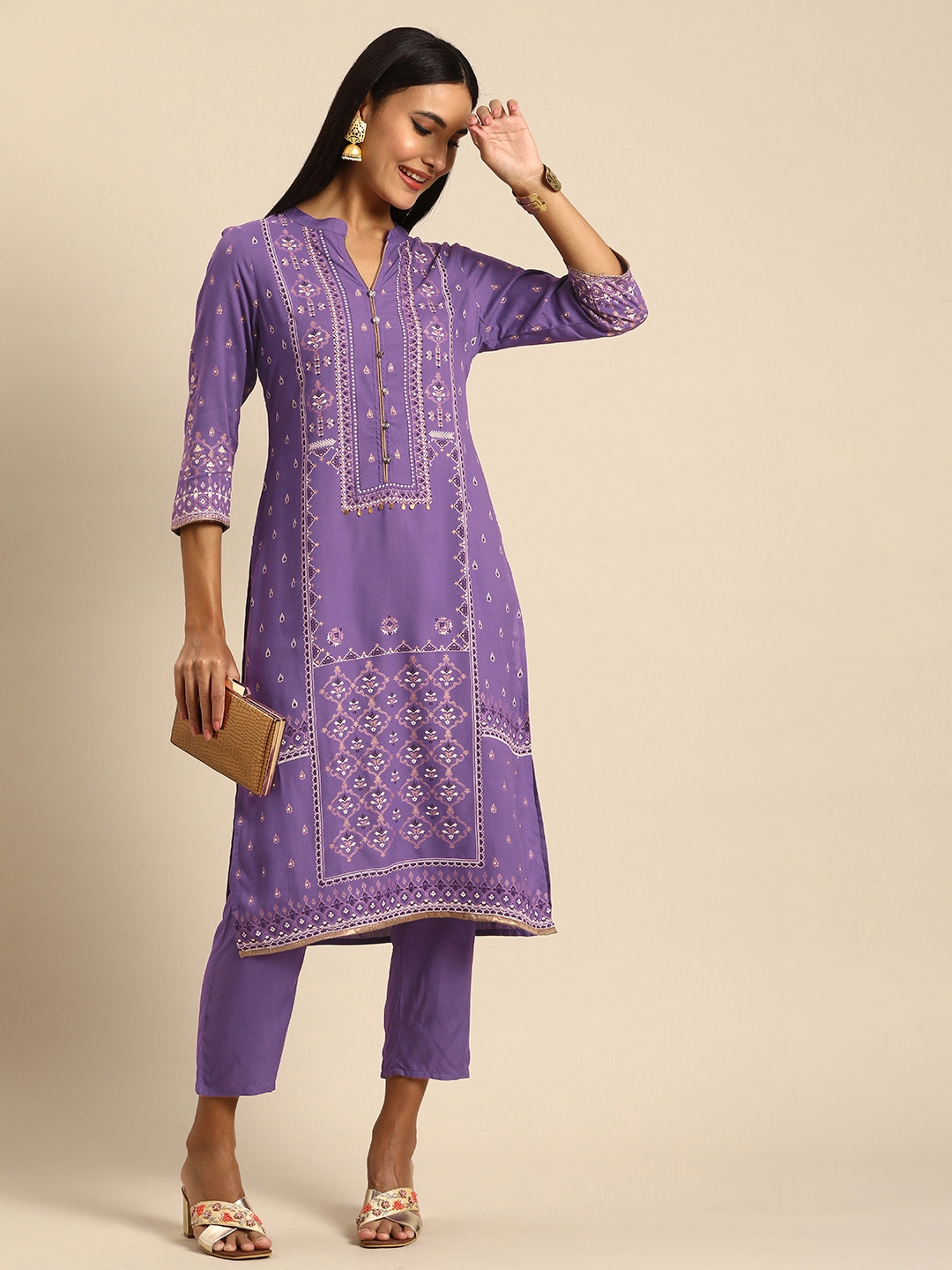Buy Anouk Women Purple And White Ethnic Motifs Printed Kurta With