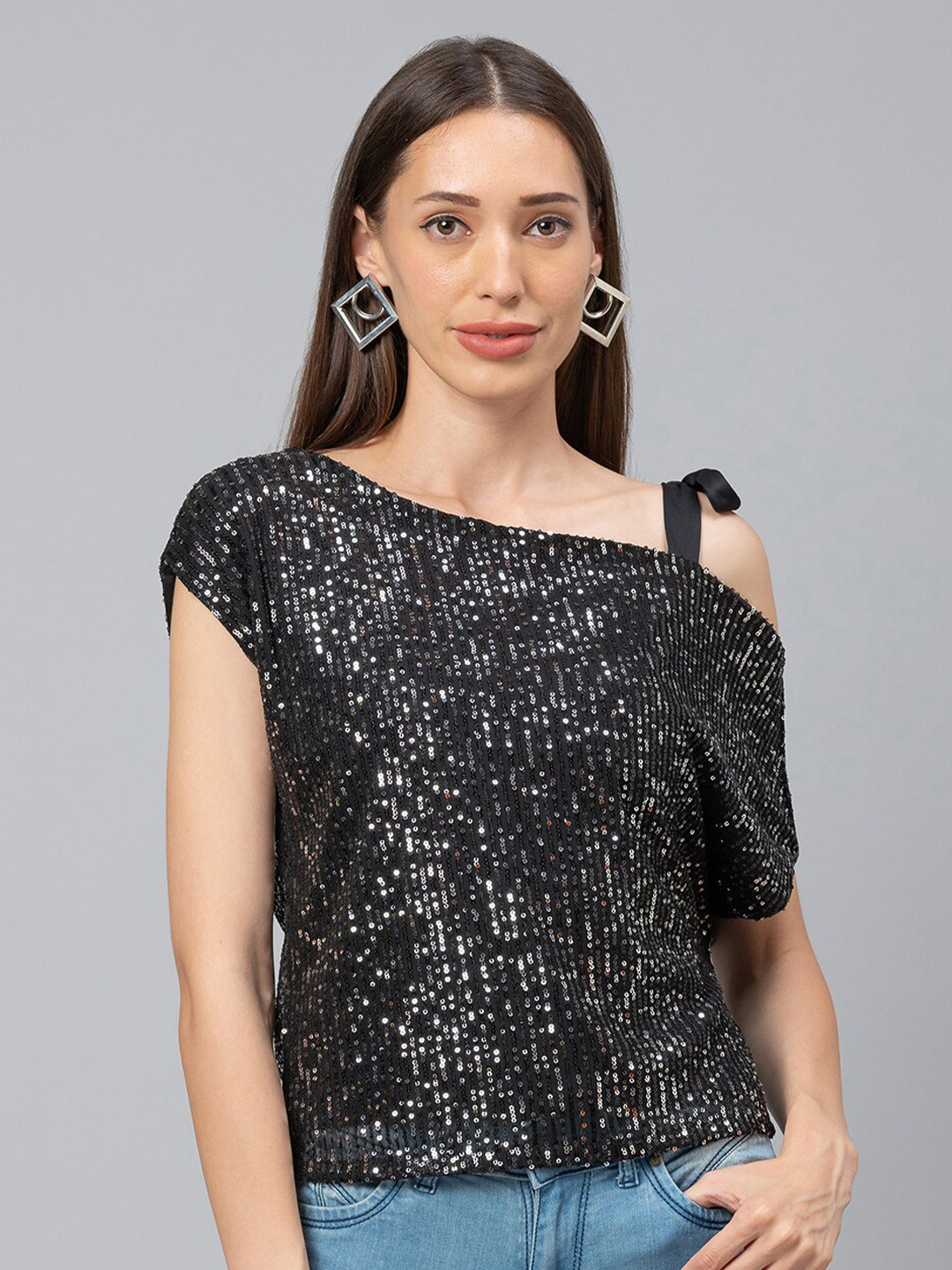 Buy Globus Black Embellished One Shoulder Net Top - Tops for Women ...