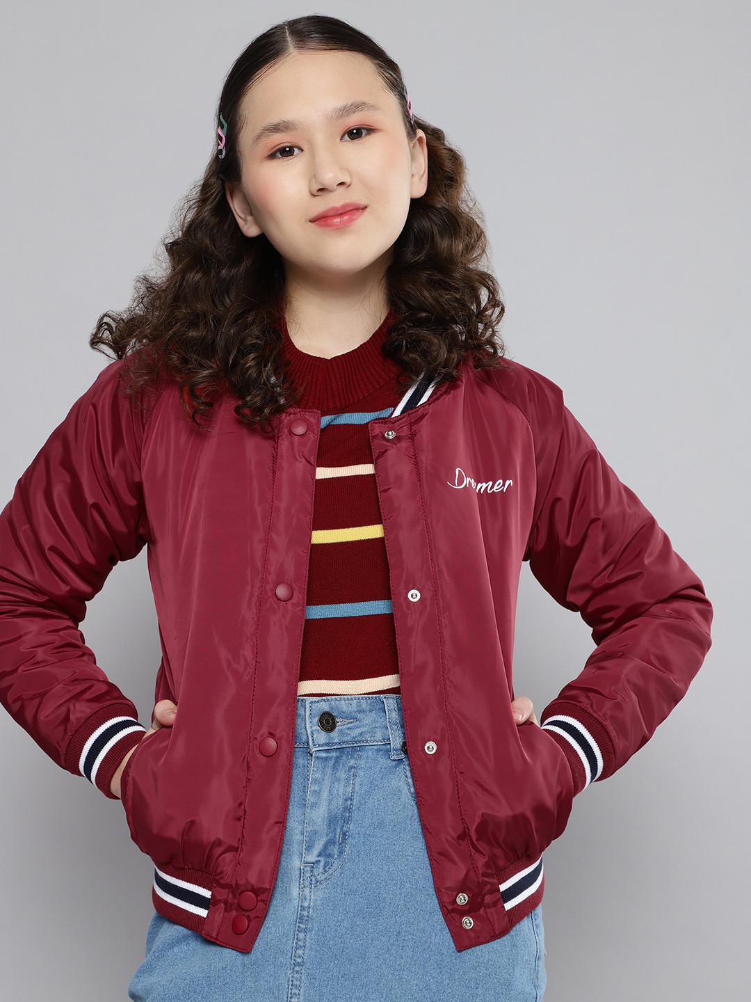 Buy M&H Juniors Girls Red Solid Bomber Jacket - Jackets for Girls ...