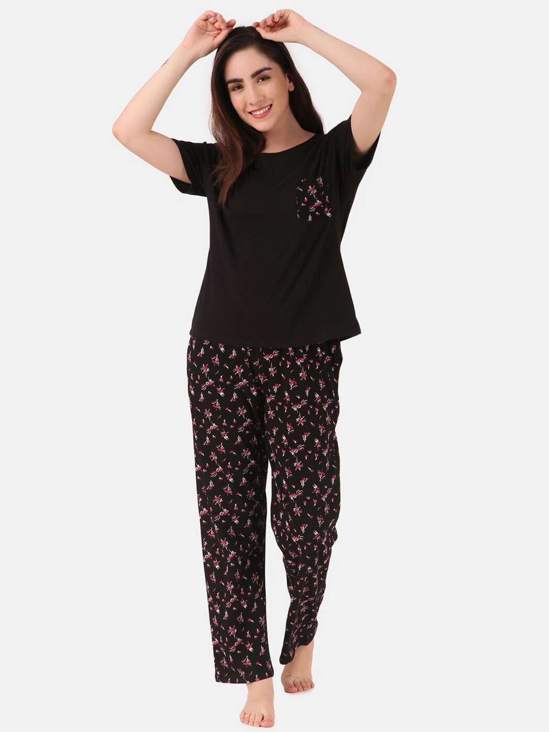 Buy Masha Women Pink & Black Pure Cotton Night Suit - Night Suits for ...