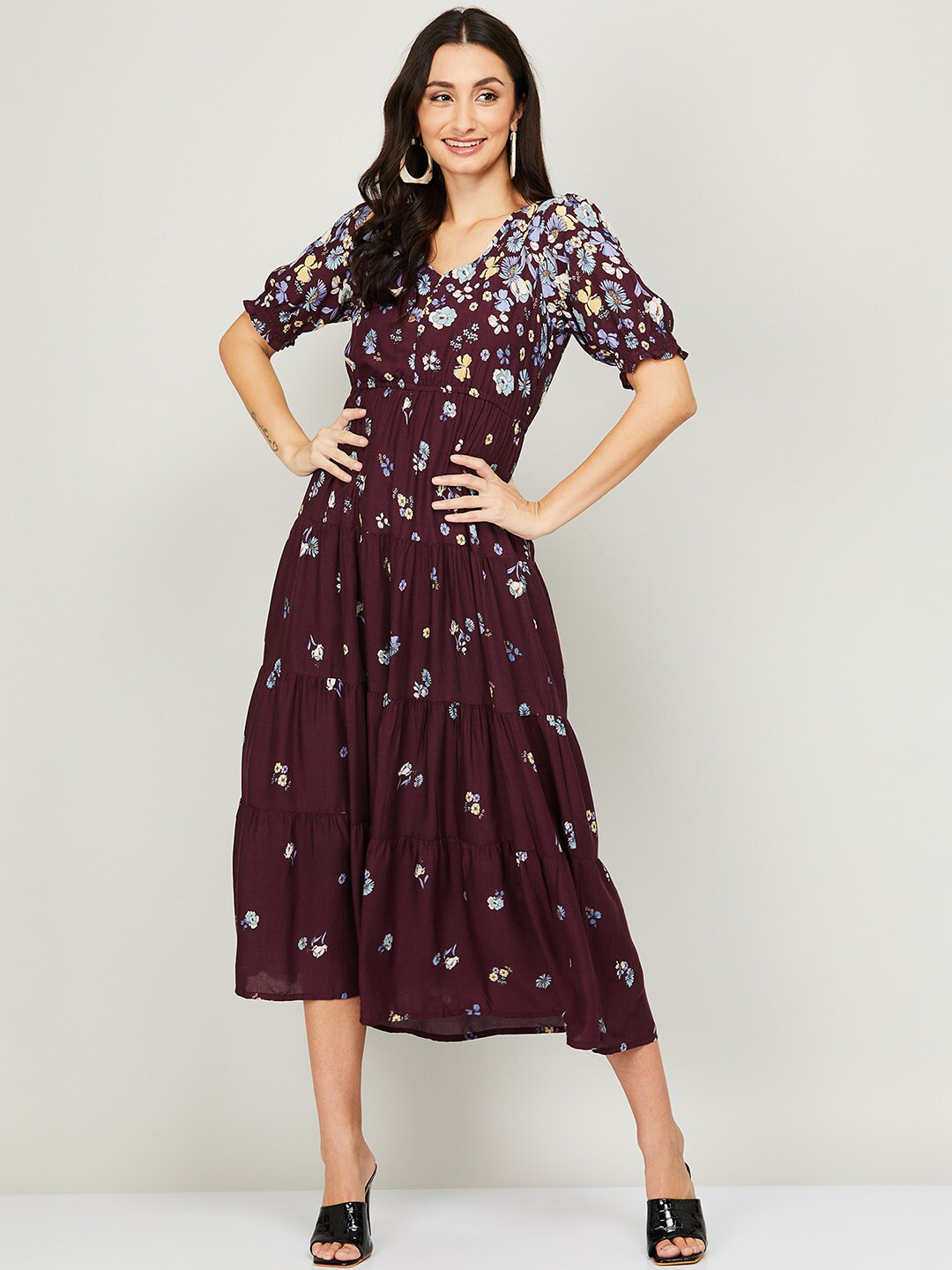 Buy CODE By Lifestyle Women Maroon & Blue Floral Midi Dress - Dresses ...