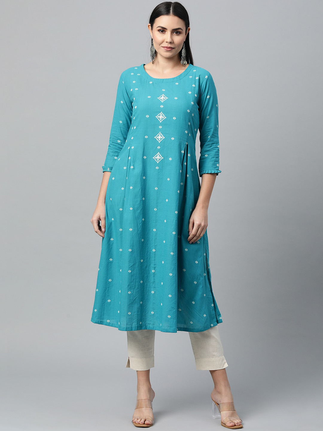 Buy KAMI KUBI Women Blue Geometric Embroidered Pure Cotton Kurta ...