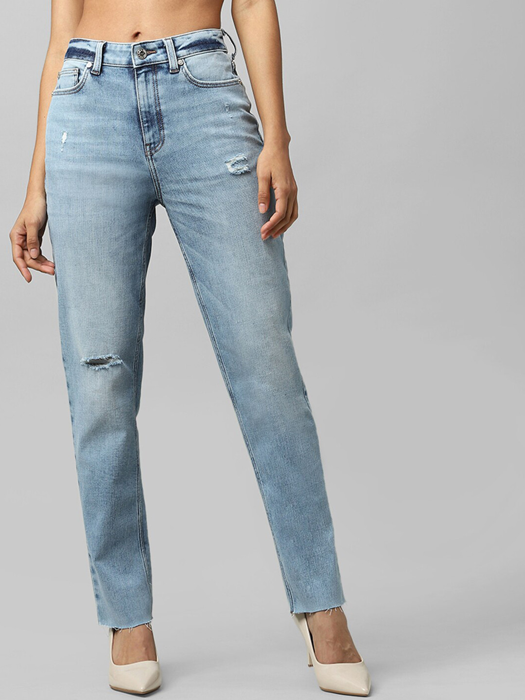 Buy ONLY UNIQUE COLLECTION Women Blue Straight Fit High Rise Slash Knee ...