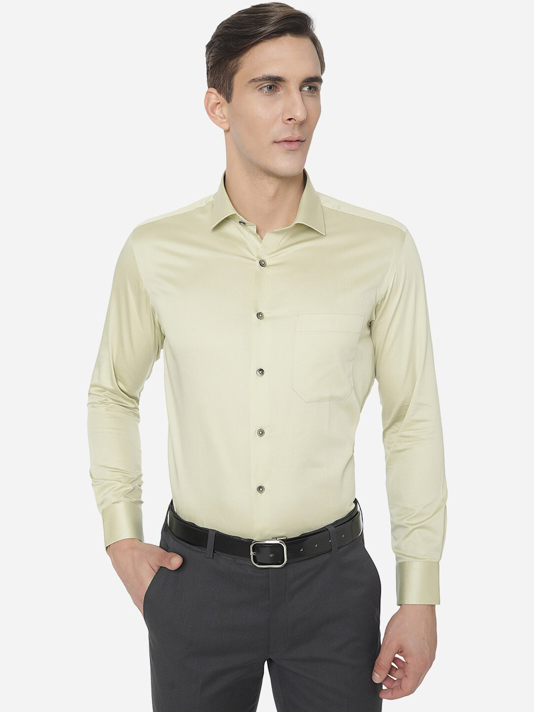 Buy Greenfibre Men Pista Green Solid Slim Fit Cotton Blend Formal Shirt ...