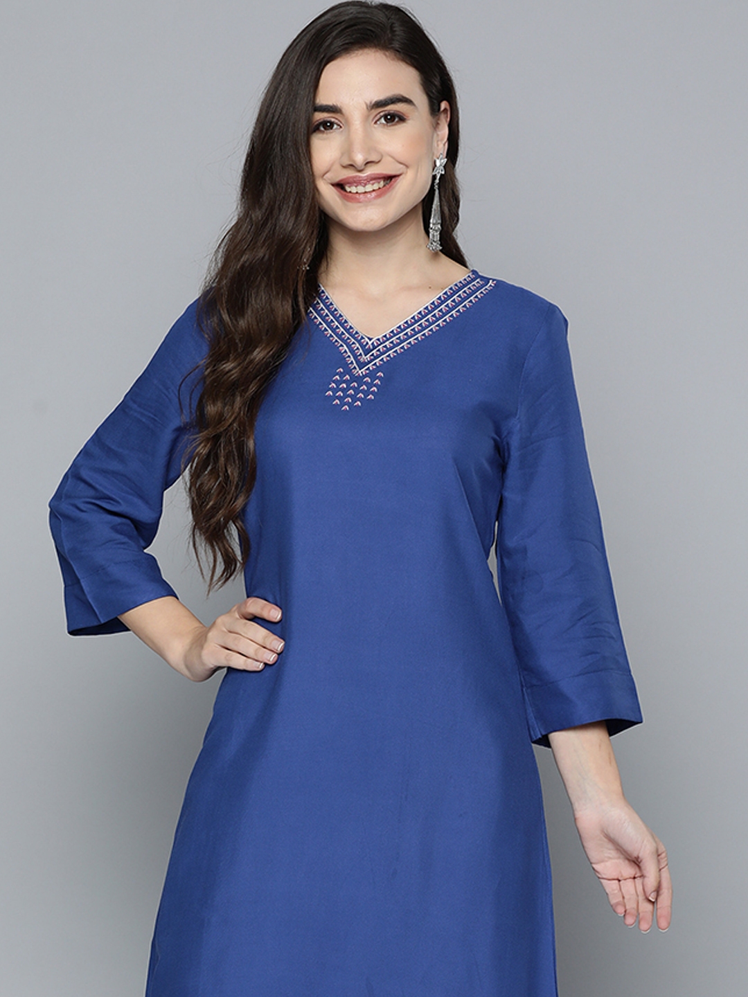 Buy Hereandnow Women Blue Ethnic Motifs Yoke Design Thread Work Kurta