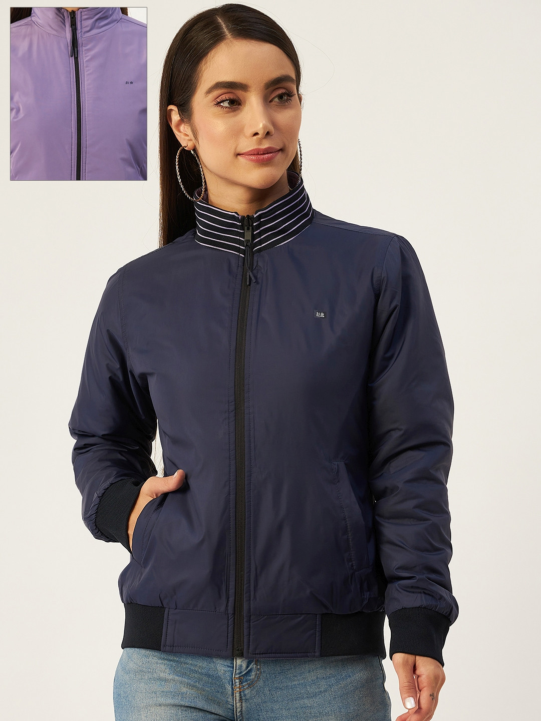 Buy Okane Women Navy Blue & Lavender Solid Reversible Bomber Jacket ...