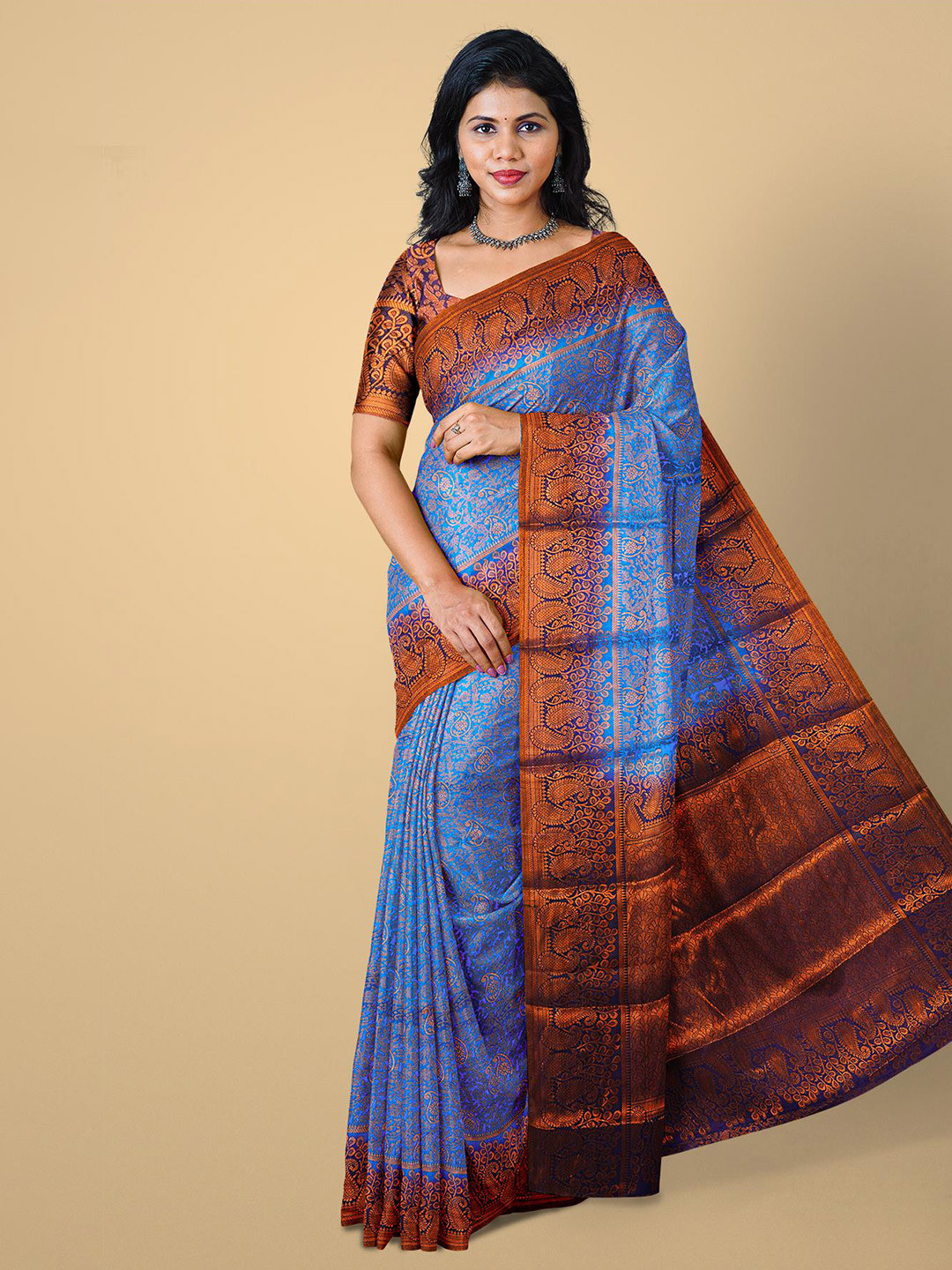 Buy Kalamandir Blue & Copper Toned Paisley Zari Silk Blend Saree ...