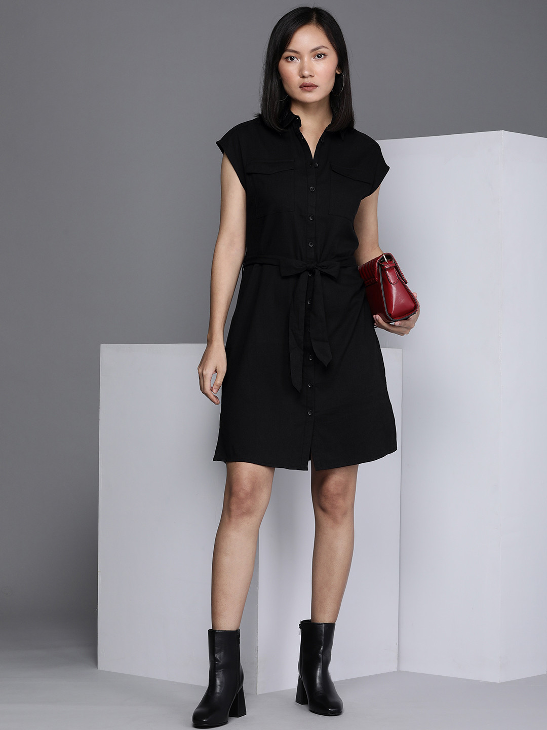 Buy Kenneth Cole Women Black Solid Shirt Dress With A Belt - Dresses ...