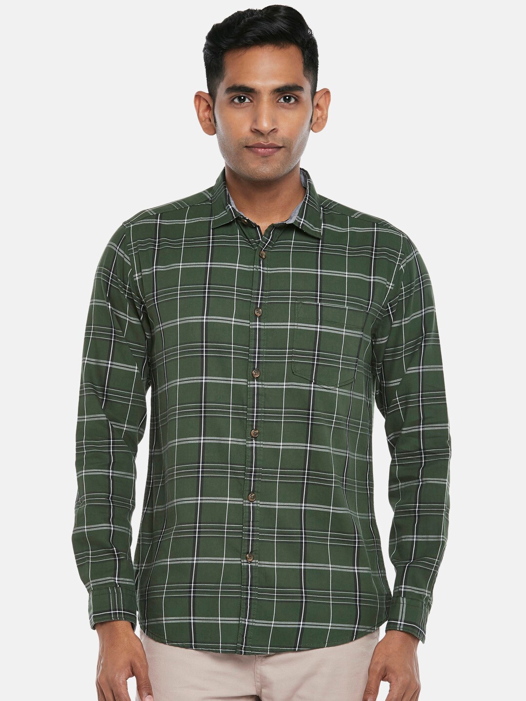 Buy Byford By Pantaloons Men Olive Green Slim Fit Checked Casual Shirt