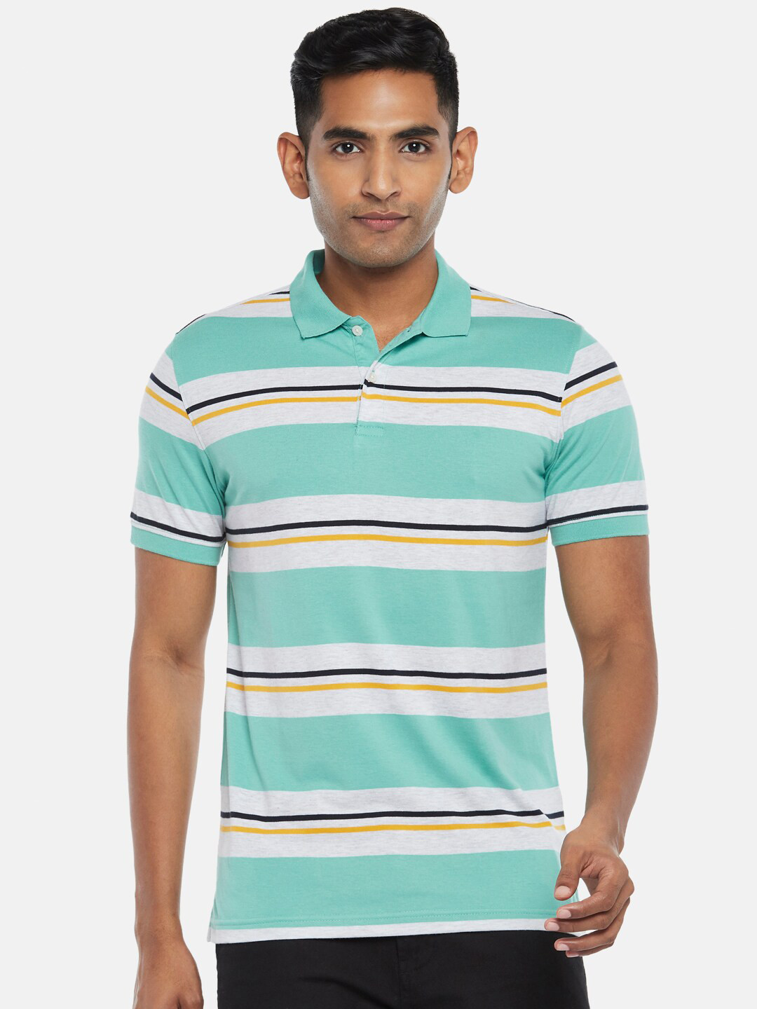 Buy BYFORD By Pantaloons Men Green & White Striped Polo Collar Slim Fit ...