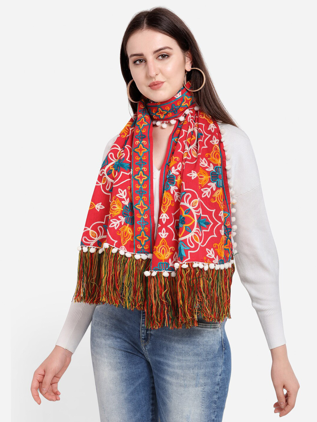 Buy MESMORA FASHION Red & Blue Ethnic Motifs Embroidered Khadi Muffler ...