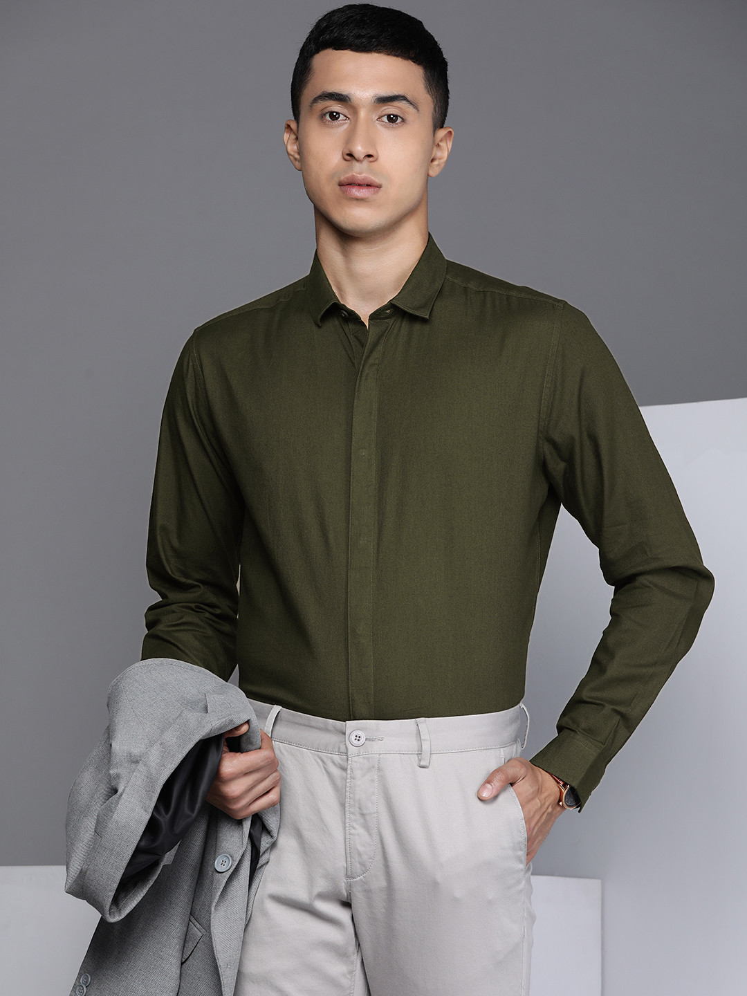 Buy Kenneth Cole Corteo Men Olive Green Slim Fit Pure Cotton Smart ...