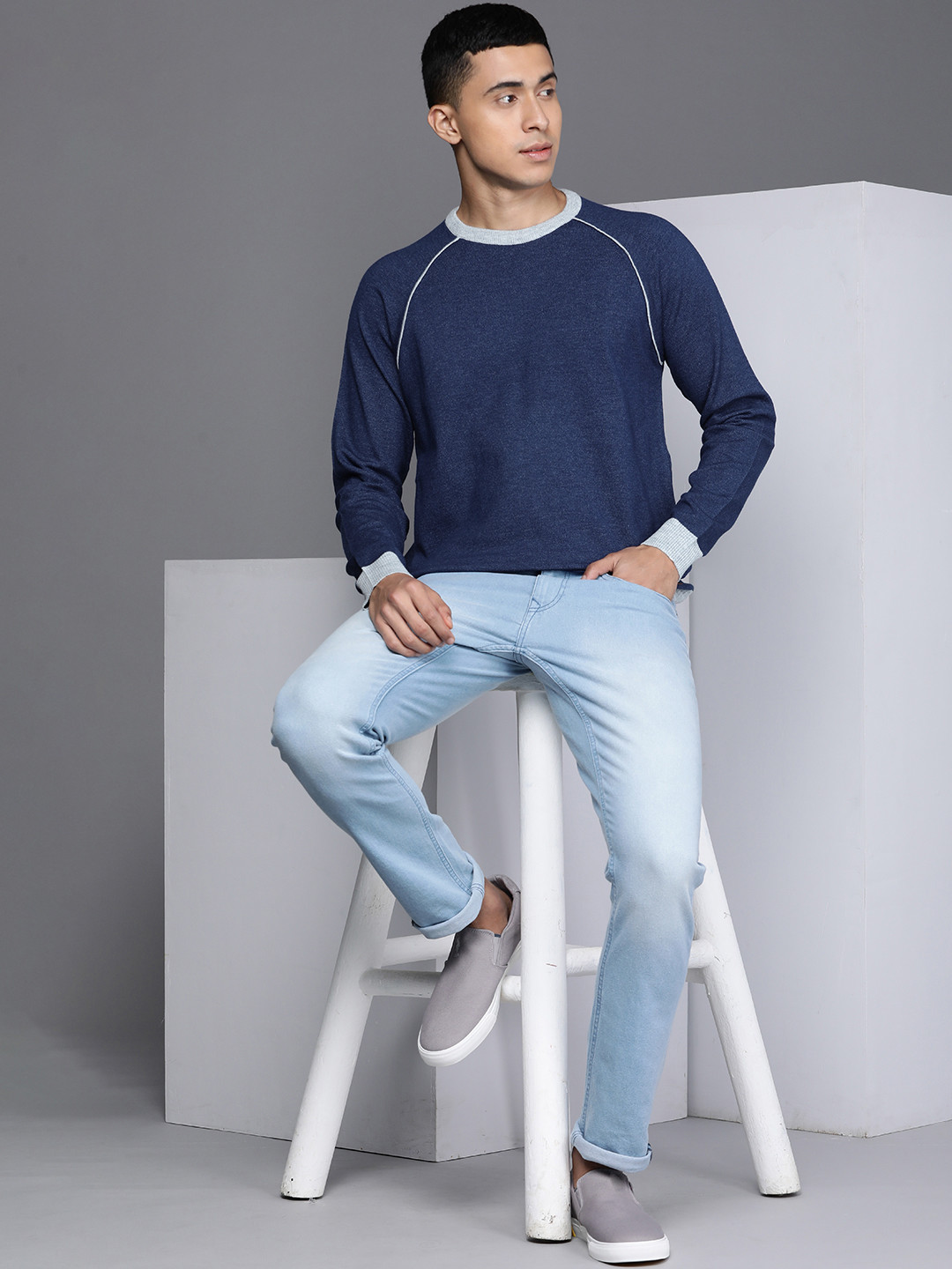 Buy Kenneth Cole Men Navy Blue Solid Raglan Sleeves Pullover - Sweaters ...